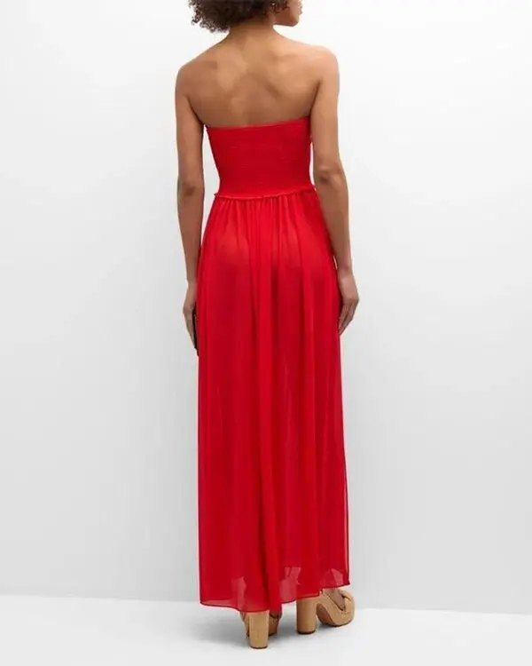 Ramy Brook Calista Smocked Strapless Side-split Coverup Dress - Flame