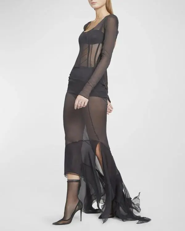 Dolce & Gabbana Long-sleeve Sheer Corset Maxi Dress - Dk Grey