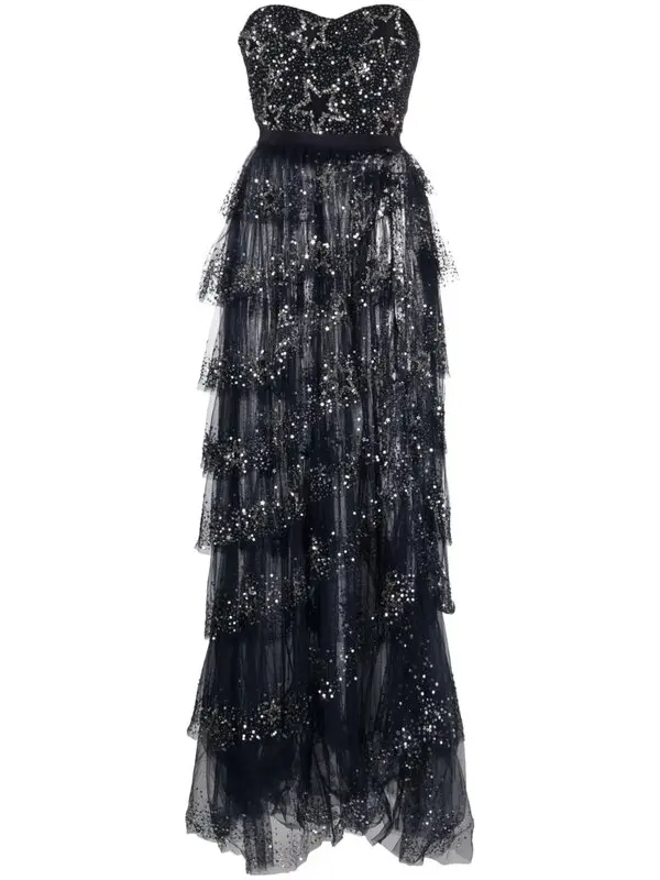 Elisabetta Franchi Embellished Tiered Strapless Gown - Blue | Editorialist