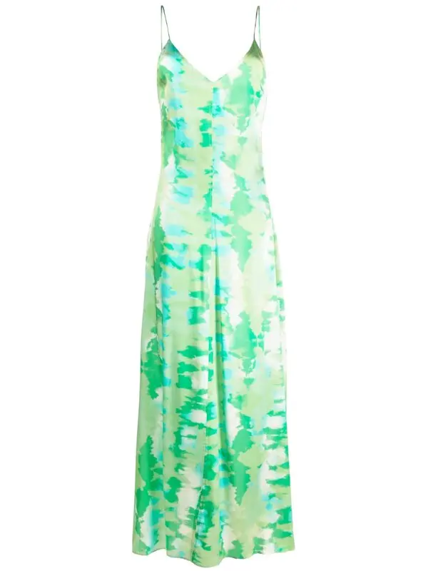 GANNI Watercolour-print Slip Dress - Green