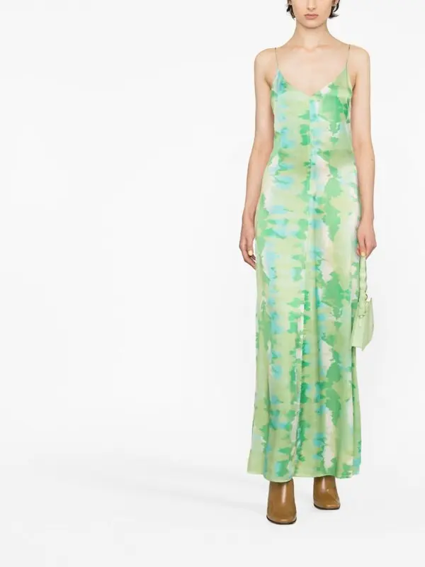 GANNI Watercolour-print Slip Dress - Green