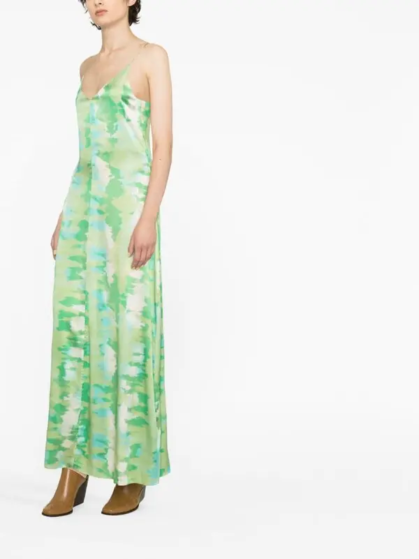 GANNI Watercolour-print Slip Dress - Green