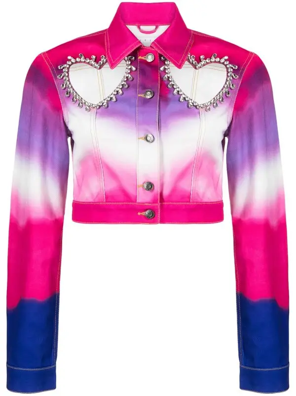 AREA Heart Cut-out Cropped Denim Jacket - Pink