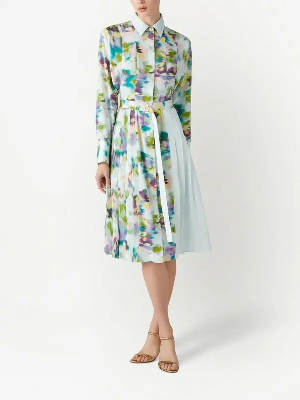 st john floral silk dress St. John Watercolor Floral-Print Silk Crepe De Chine Midi Dress