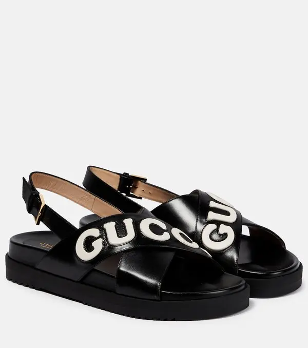 Gucci Logo Leather Sandals - Black | Editorialist display picture 1