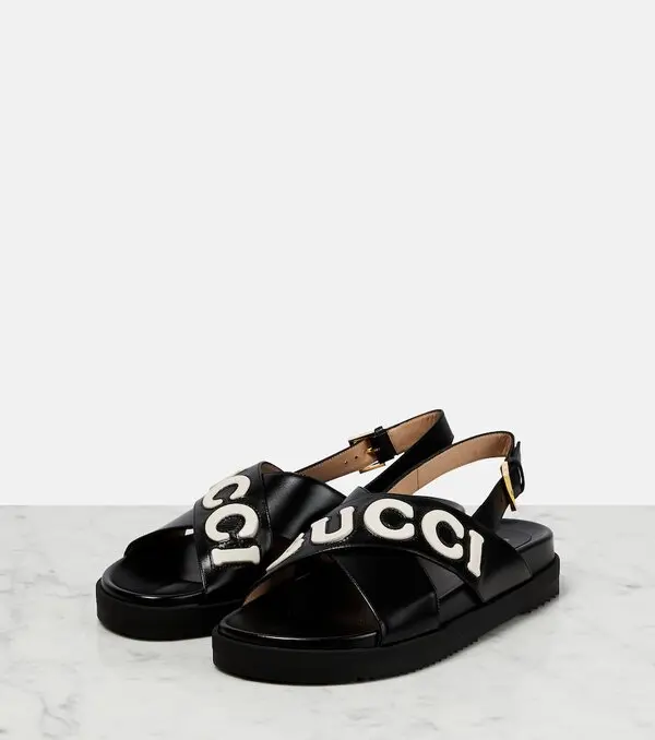 Gucci Logo Leather Sandals - Black | Editorialist