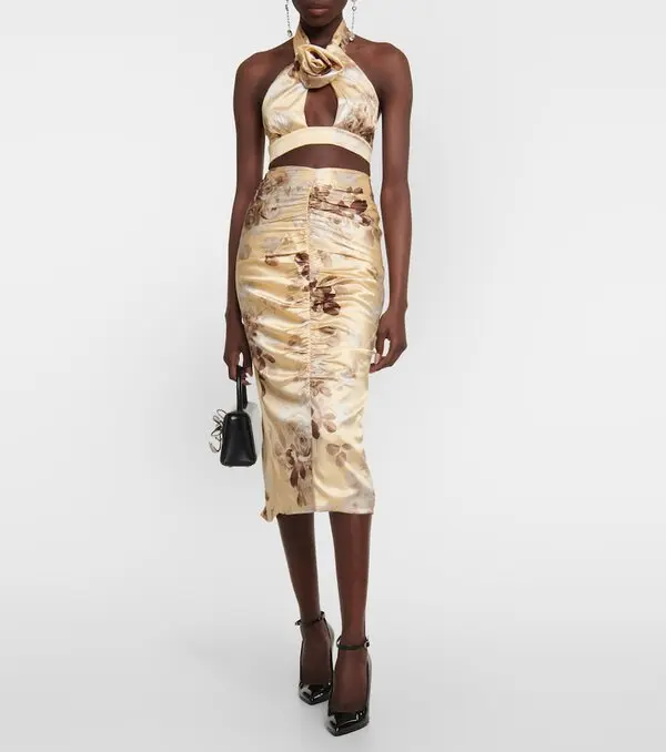 Alessandra Rich Floral Silk Satin Crop Top - Neutrals