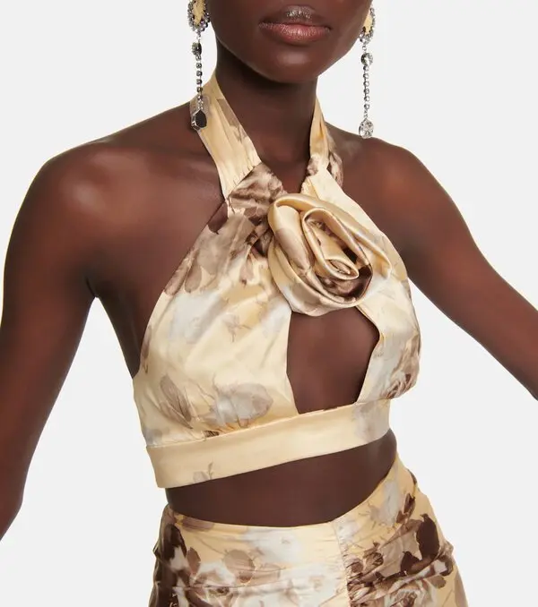 Alessandra Rich Floral Silk Satin Crop Top - Neutrals