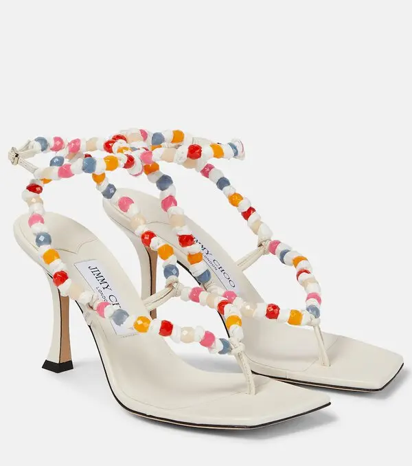 JIMMY CHOO Amiral 90 Embellished Leather Sandals - Beige