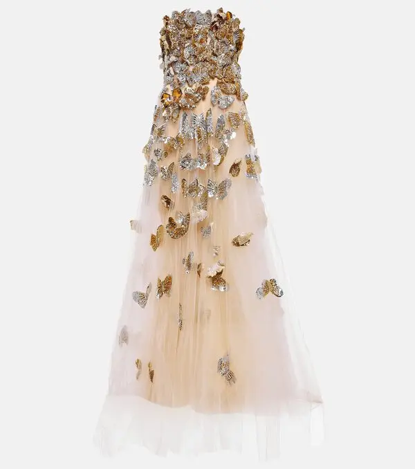 gold dress tulle Andrea & Leo A1114 Strapless Tea Length Tulle Dress main image 1