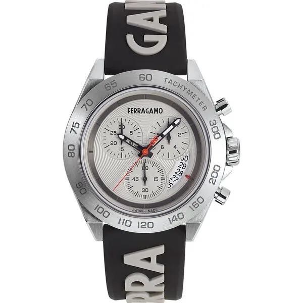 FERRAGAMO Chronograph Silicone Strap Watch - Silver