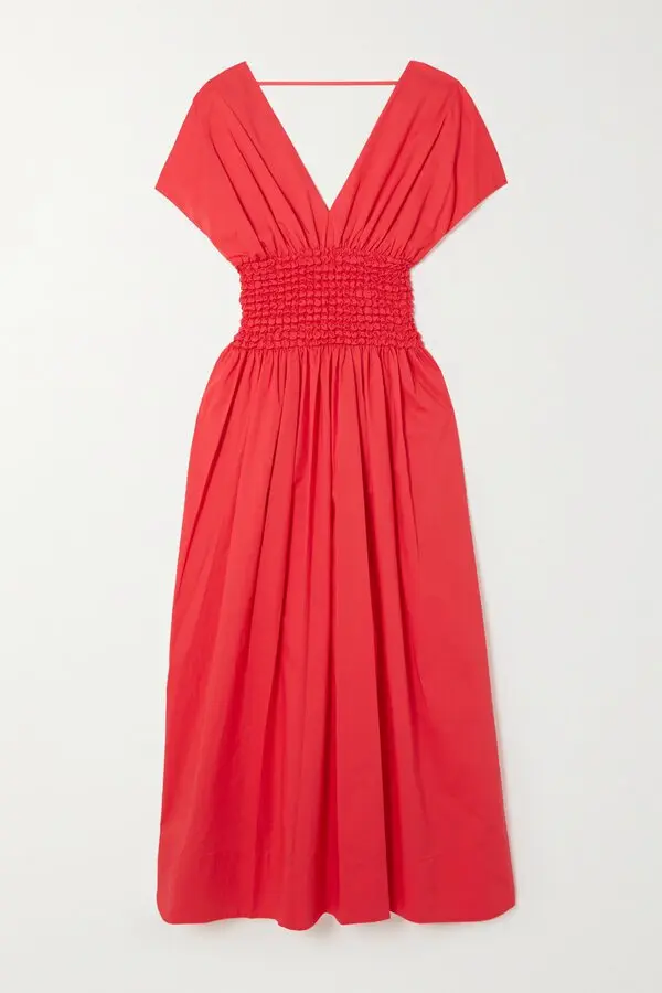 Staud Jackson Shirred Cotton-blend Poplin Midi Dress