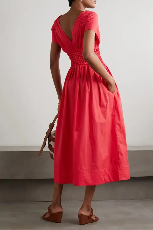 Staud Jackson Shirred Cotton-blend Poplin Midi Dress