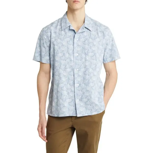 Treasure & Bond Leaf Print Stretch Seersucker Short Sleeve Button-up Shirt - Blue- White Chanterelles