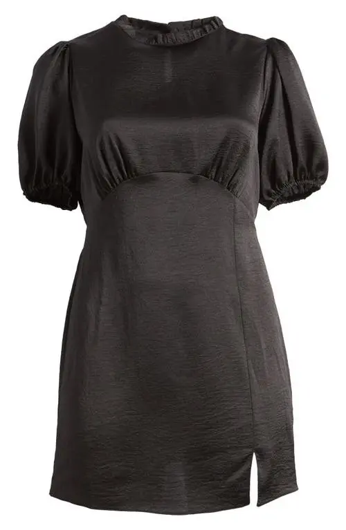 Asos Satin A-line Dress With Ruffle Neck And Puff Sleeves