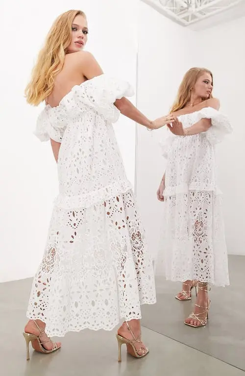 Asos Edition Broderie Anglaise Off The Shoulder Tiered Dress