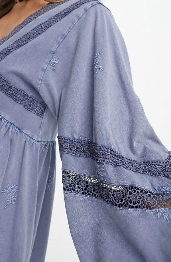 Asos Floral Embroidered Long Sleeve Babydoll Dress - Light Blue |  Editorialist