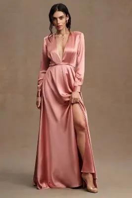 Ronny Kobo Nann Sat V-Neck Long-Sleeve Gown In Pink - 66% Off | Editorialist