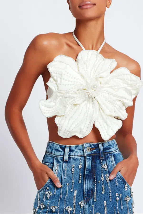 PatBO Hand-beaded Flower Halter Top