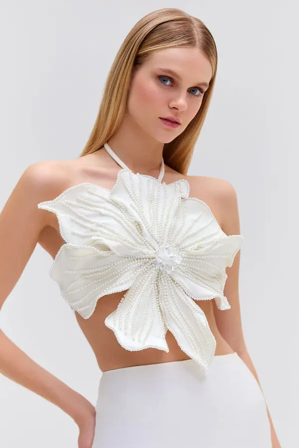 PatBO Hand-beaded Flower Halter Top