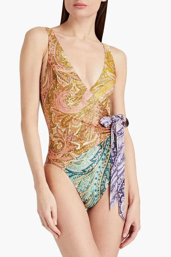 Zimmermann Wrap-effect Bow-detailed Printed Swimsuit Blue