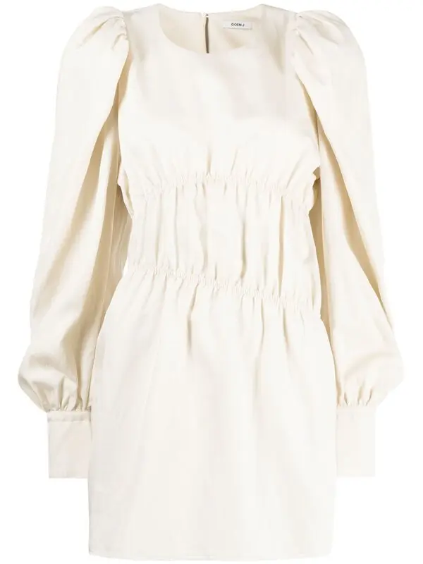 Goen.j Puffed-sleeves Ruched Mini Dress - Neutrals