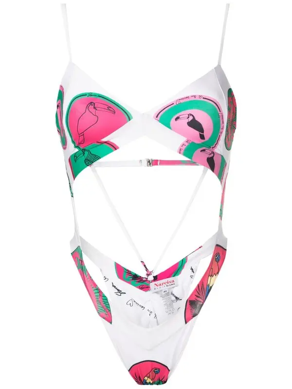 AMIR SLAMA Graphic-print Cut-out One Piece Swimsuit - White