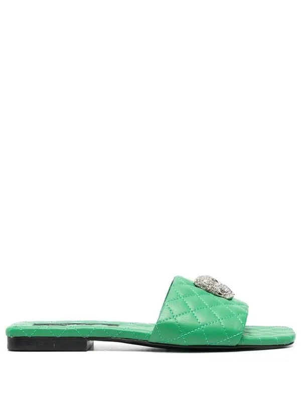 Philipp Plein Crystal Skull Matelassé Slides - Green
