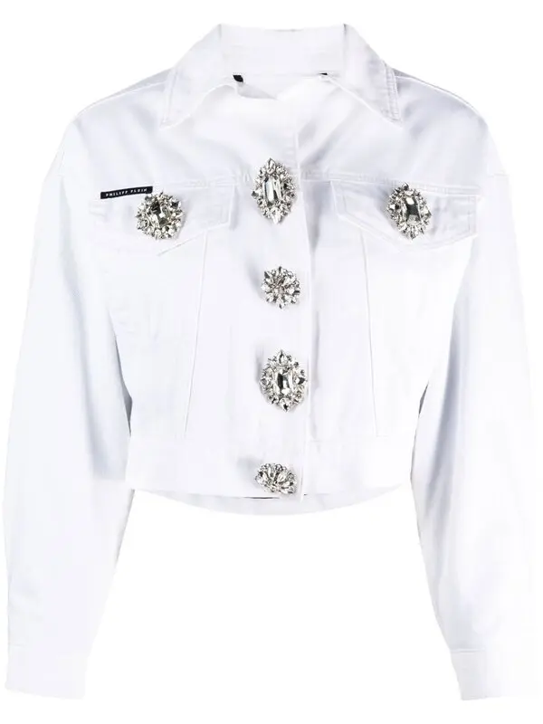 Philipp Plein Crystal Button Cropped Denim Jacket - White