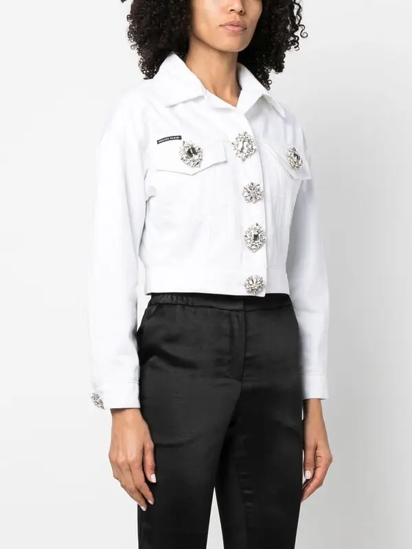 Philipp Plein Crystal Button Cropped Denim Jacket - White
