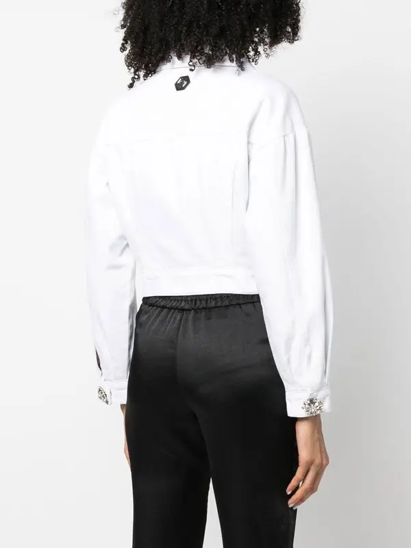 Philipp Plein Crystal Button Cropped Denim Jacket - White
