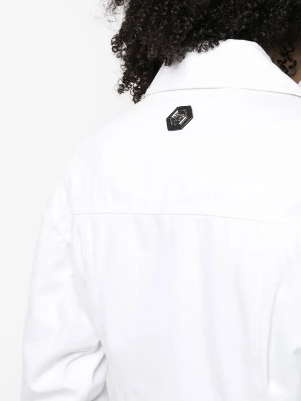 Philipp Plein Crystal Button Cropped Denim Jacket - White