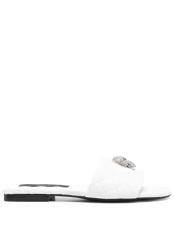 Philipp Plein Crystal-skull Matelassé Slides - White