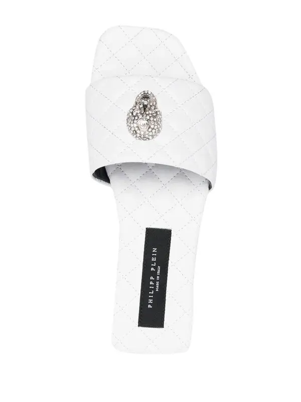 Philipp Plein Crystal-skull Matelassé Slides - White