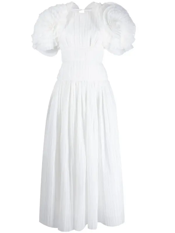 knee length dresses for ladies Cream Ruffled Short Sleeves Tulle Midi Dress SKSY4073 main image 0