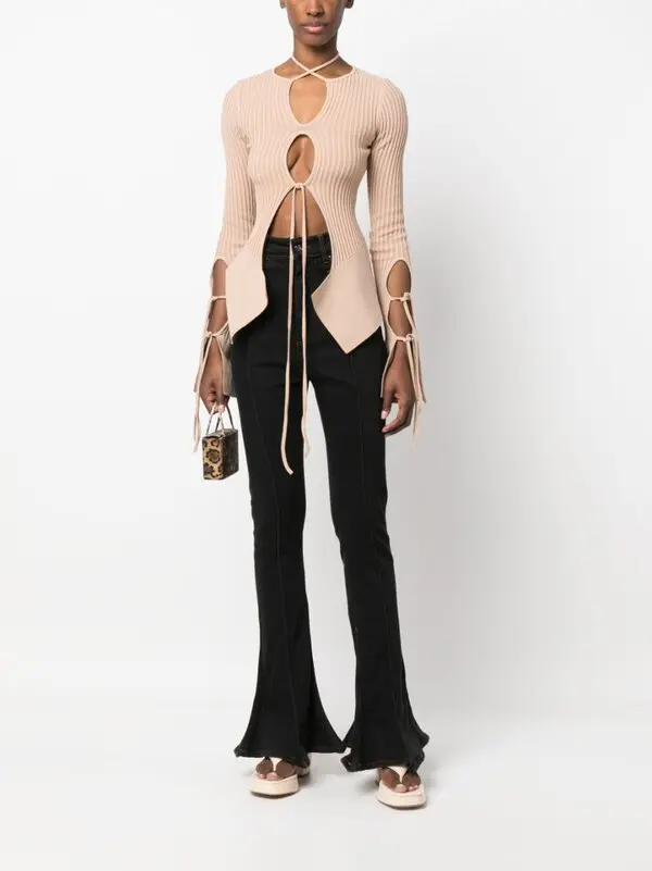 ANDREĀDAMO Tie-fastening Long-sleeve Knitted Top - Neutrals