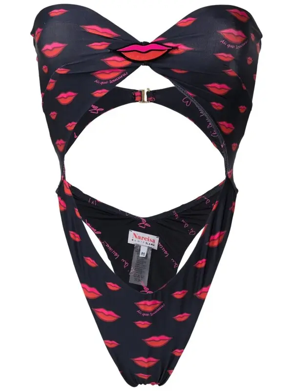 AMIR SLAMA Lip-print Cut-out Bandeau Swimsuit - Black