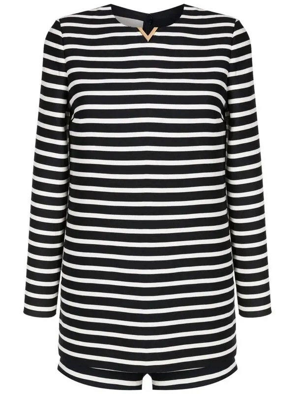 Valentino Garavani Logo-plaque Stripe-print Playsuit - Black