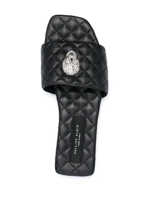 Philipp Plein Crystal-skull Matelassé Slides - Black