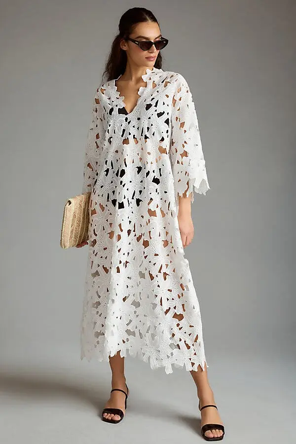 Anthropologie Floral Eyelet Kaftan - White