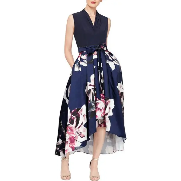 SLNY Floral Pleated High-low Dress - Navy Multi