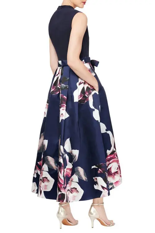 SLNY Floral Pleated High-low Dress
