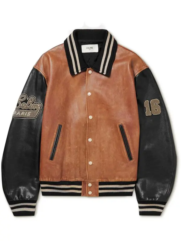 Celine Teddy Oversized Logo-AppliquéD Leather Bomber Jacket
