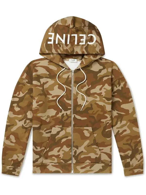 Celine Camouflage-Print Cotton-Jersey Zip-Up Hoodie S Brown