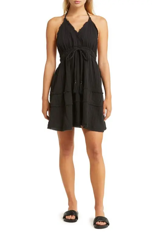 Elan Raw Edge Halter Cotton Cover-up Dress - Black