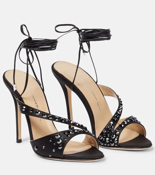 Alessandra Rich Embellished Silk Satin Sandals - Black