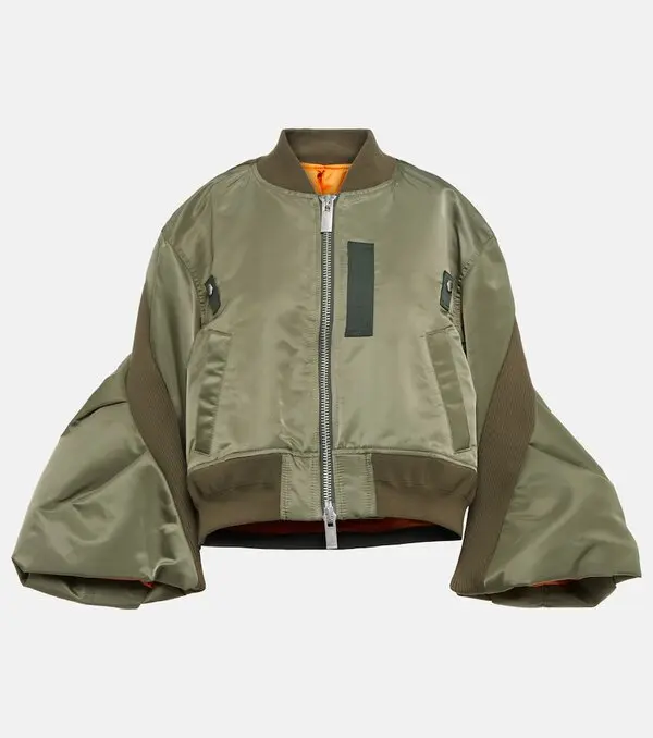 Sacai Cropped Bomber Jacket In Green - 40% Off | Editorialist