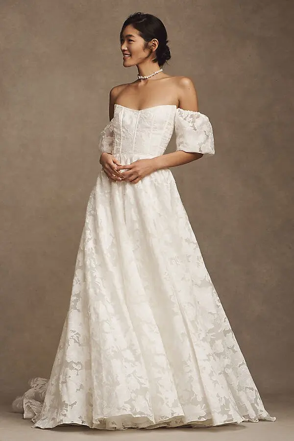 Jenny Yoo Holden Off-the-shoulder Floral Lace Ball-skirt Wedding Gown - Ivory