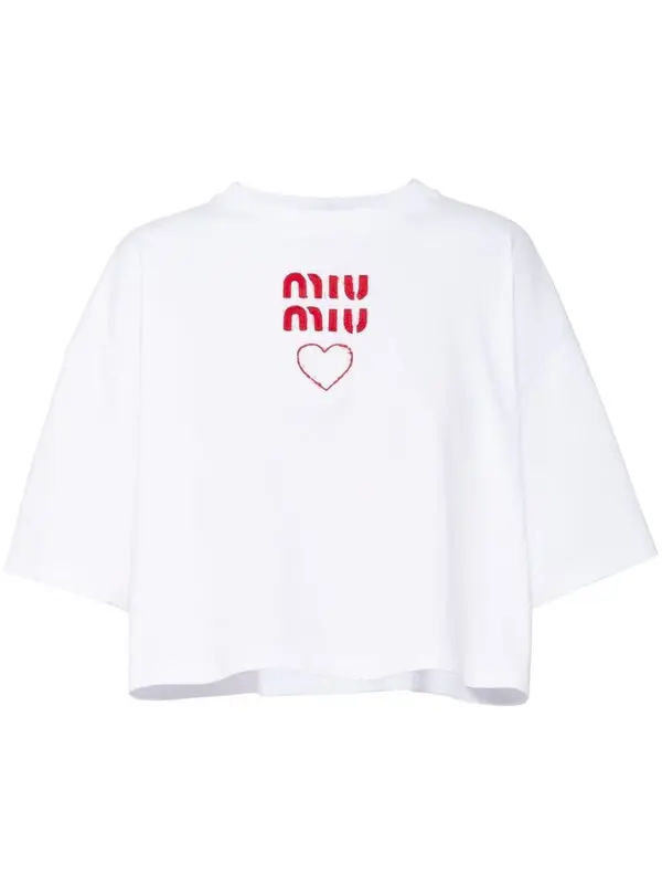 miu miu ロゴ刺繍 クロップドTシャツ ホワイト MIU MIU - 【極美品】MIU MIU Tシャツ 長袖 クロップド ホワイト