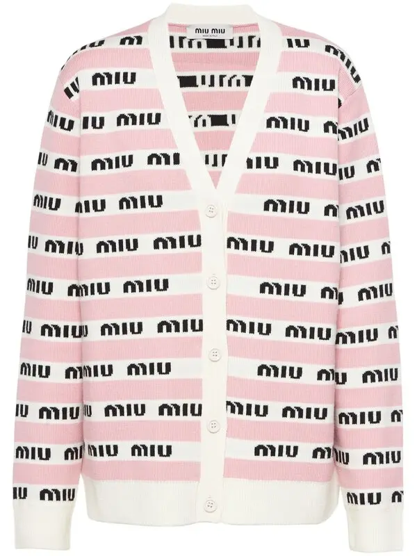 Miu Miu Logo-Intarsia Wool Cardigan - Pink | Editorialist